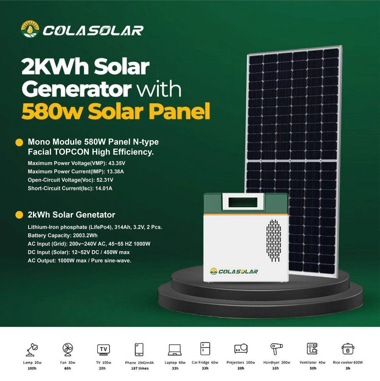 Cola 2000 Portable Power Station Solar Generator 1000W Pure Sine Wave ...