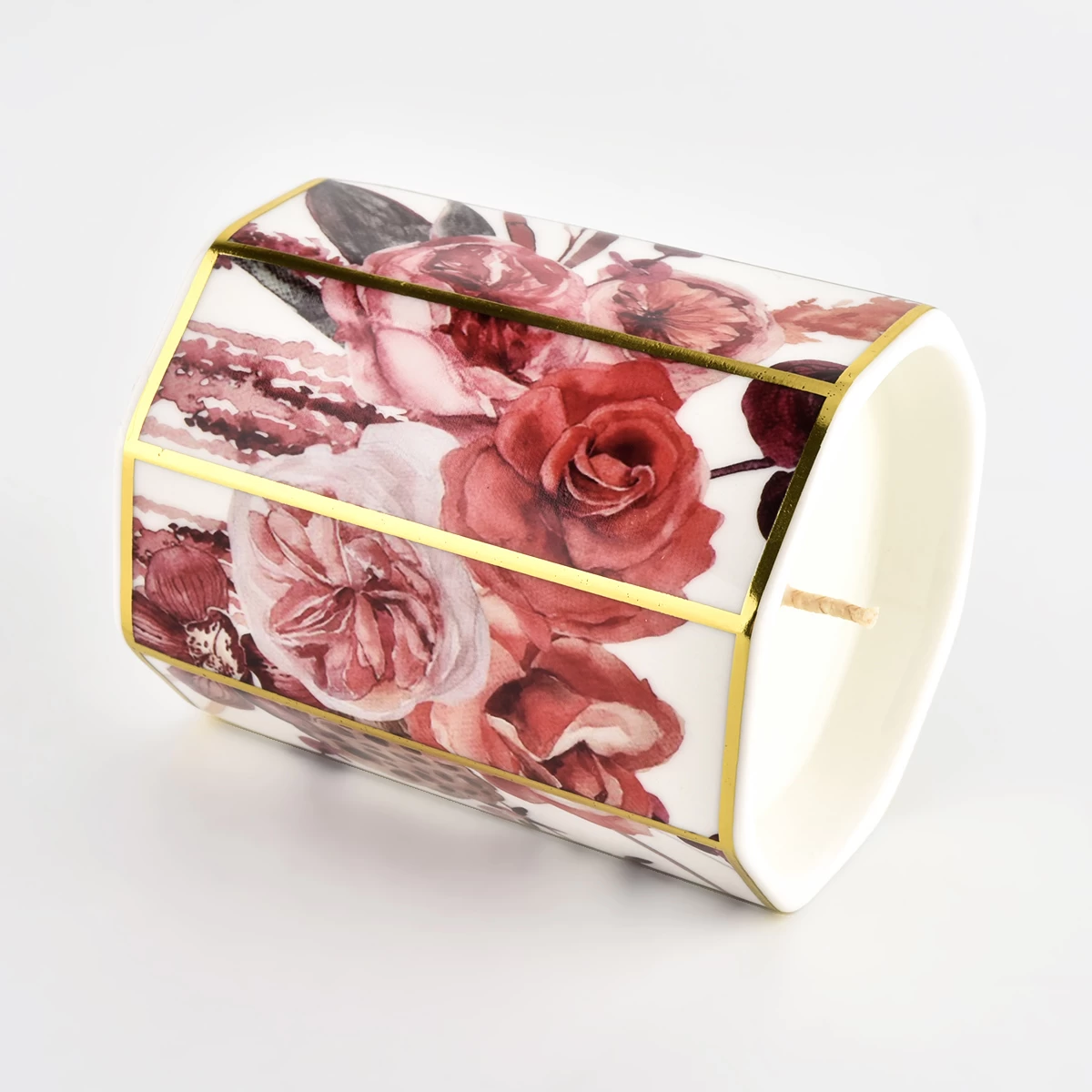 Pakyawan na custom na octagonal decal ng red roses ceramic candle jar ...