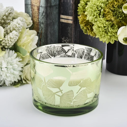 Wholesale 500ml wide mouth green lotus leaf pattern large glass candle ...