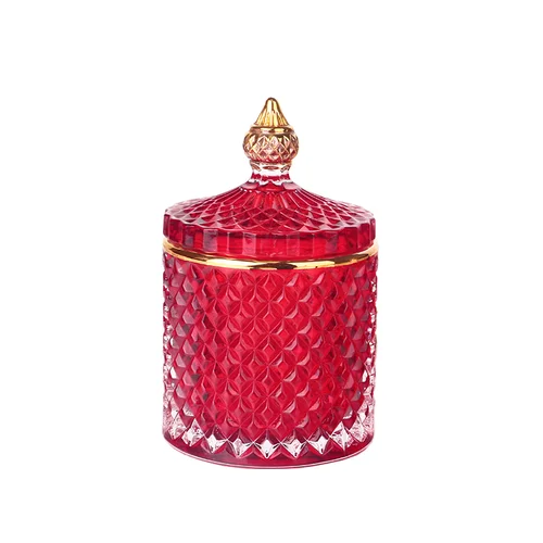 3oz 8oz 16oz red geo cut glass candle jar with gold tip lid