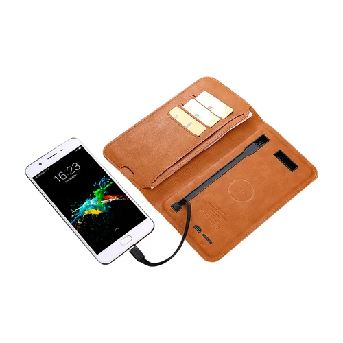 Qi best wallet portable 10w PU leather wireless charger power bank 5000mah