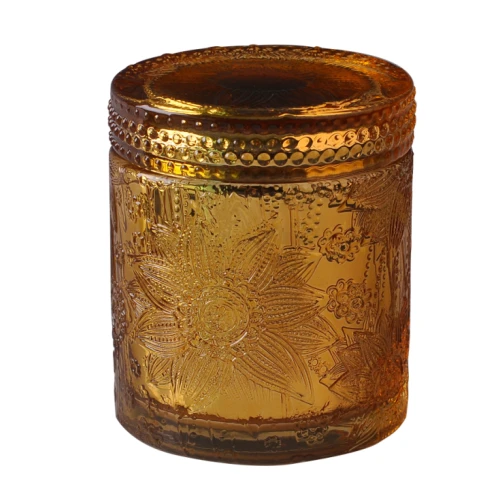Luxury Embossed Glass Candle Jar With Glass Lid For Wax Making